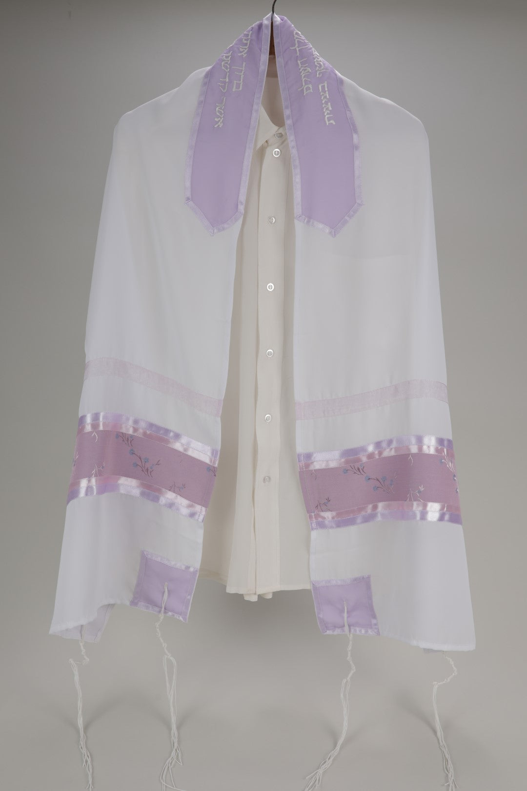 Women’s Violet Sheer with Floral Decoration Prayer Shawl–Galilee Silks