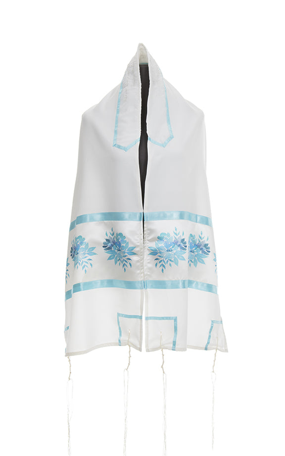 Watercolor Blue Flowers Bouquet Tallit for Women, Bat Mitzvah Tallit ...